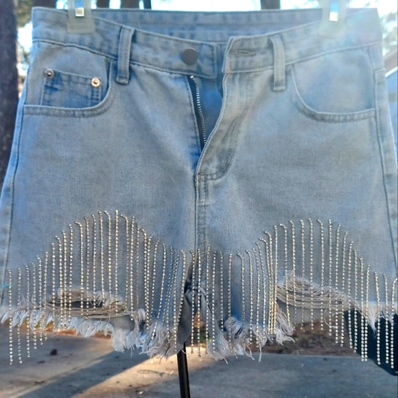 Shorts | High Waist Ripped Rhinestone Tassel Denim Jean Fringe Shorts ...